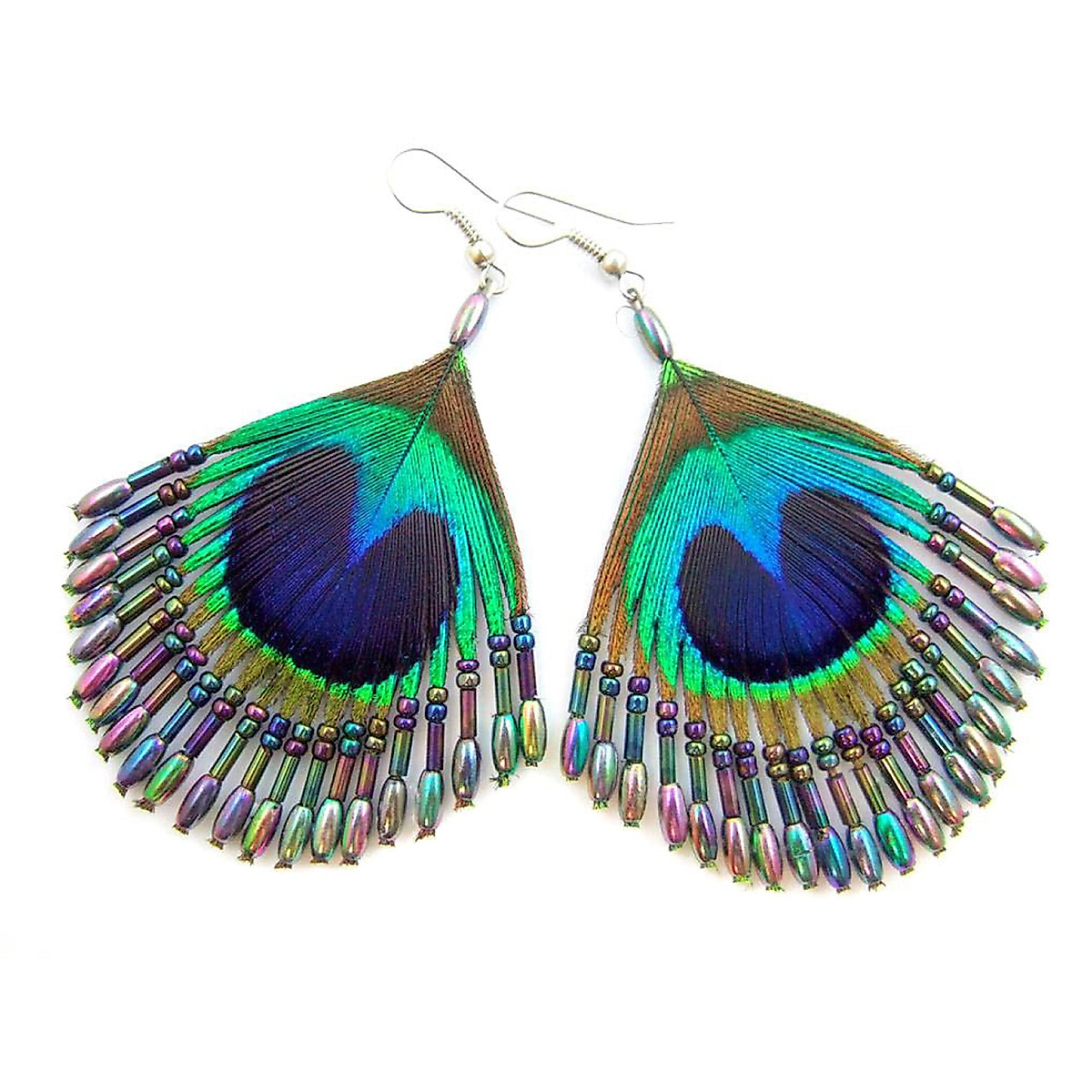 Swimmi Iridescent Peacock Feather Earrings, Hand Beaded Rainbow Color Beads Peacock Earrings for Women, Handmade Dangle Drop Feather Earrings Fashion Jewelry FA014