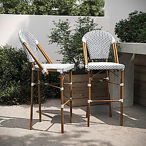 Flash Furniture Lourdes Commercial Grade Bistro Bar Height Stool, Stackable Indoor/Outdoor Dining Stool, 30" High, White/Navy and Bamboo Finish, Set of 2