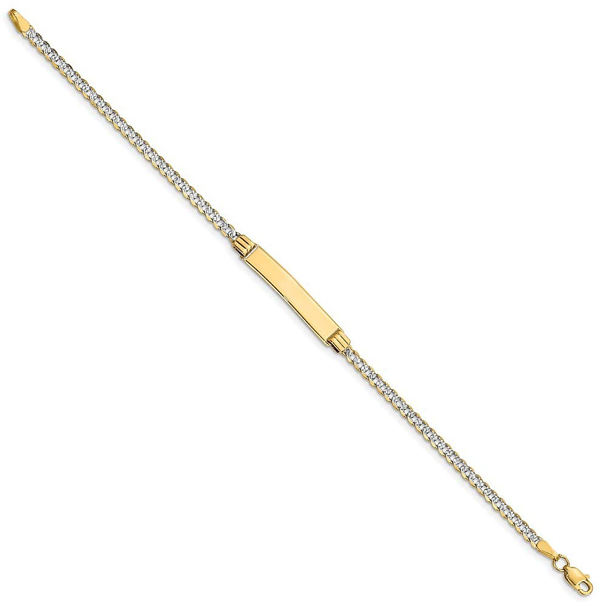 Solid 14k White and Yellow Gold Two Toned Pave Curb Cuban ID Bracelet Engravable Identification Name Bar Tag - with Secure Lobster Lock Clasp 8" (Width = 5mm)