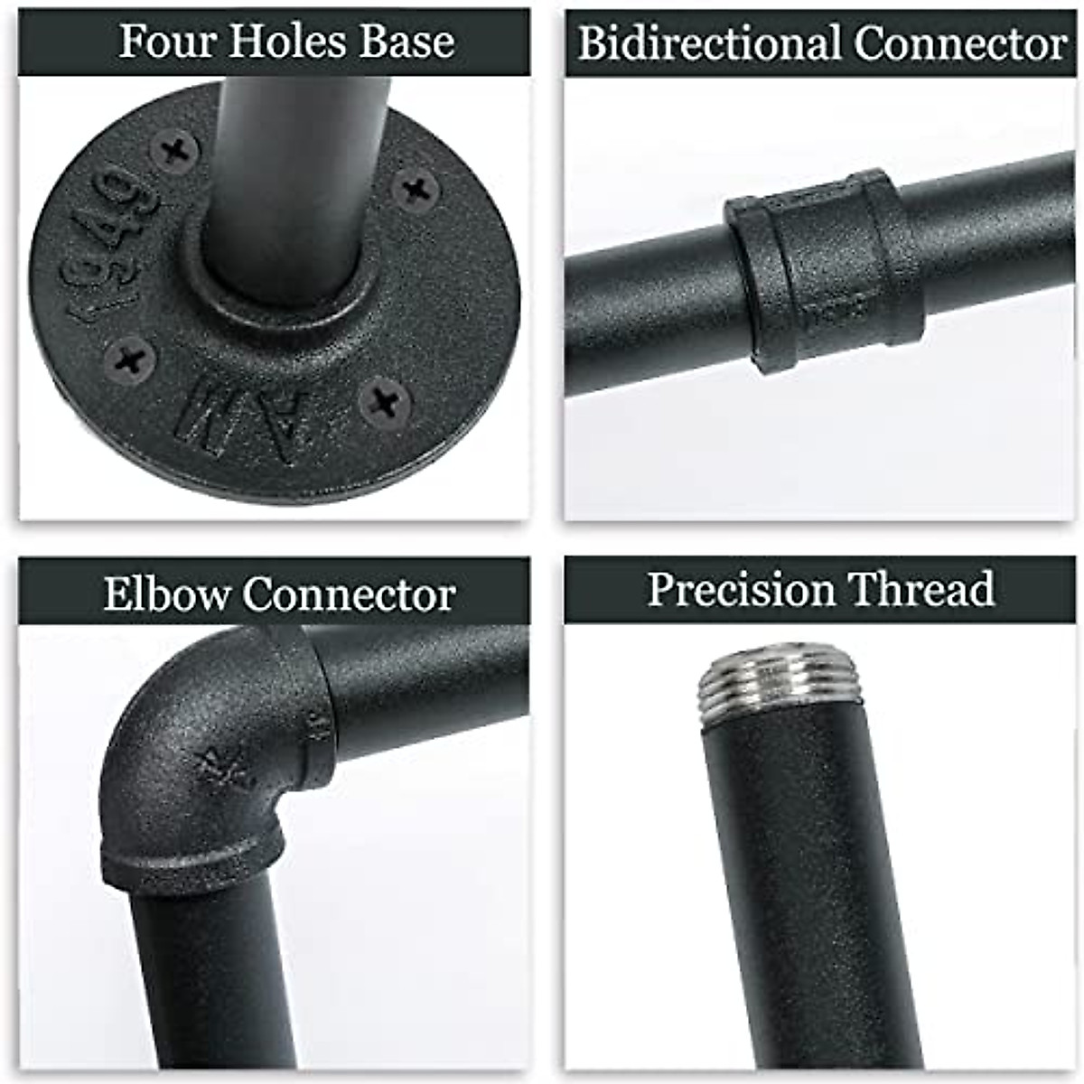 DAIKOYE Clothes Rack 36 Inch Industrial Pipe Clothes Rod,Heavy Duty Detachable Wall Mounted Black Iron Garment Bar,Space-Saving Hanging Clothes Rack,Multi-Purpose Hanging Rod for Closet 2 Base