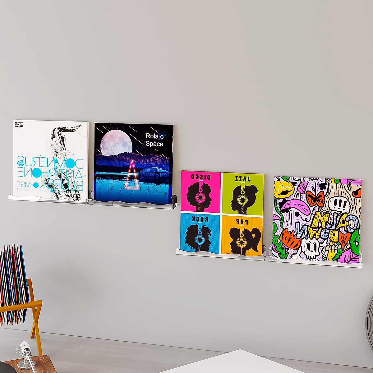 Fixwal Acrylic Clear Floating Shelves for Wall, Vinyl Record Shelf Wall Mount Set of 4, 12in Wavy Clear Acrylic Record Holder Bookshelf Display, Wall Decor for Living Room (Clear)