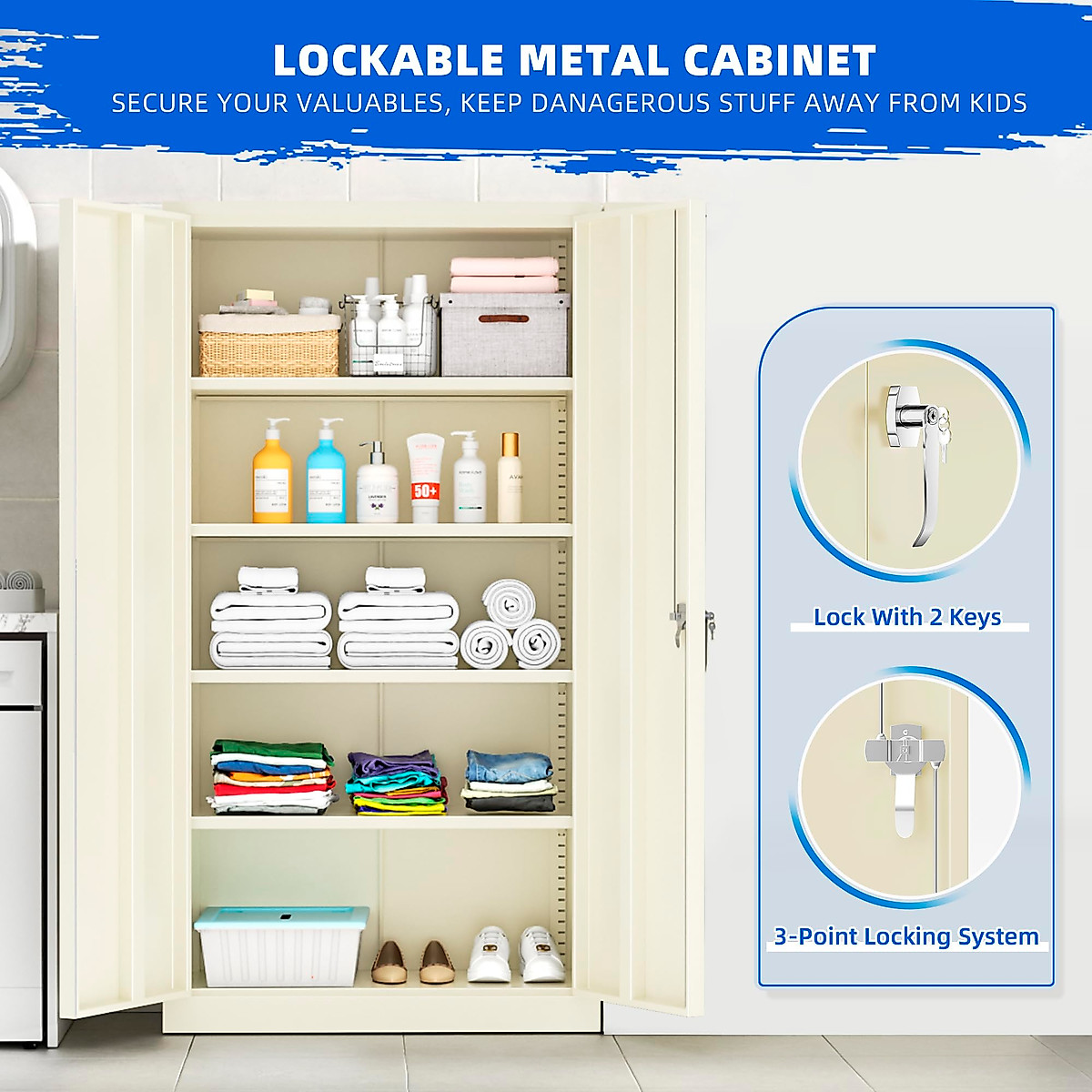Superday Locking Metal Cabinet 72"×36"×18", Tall Storage Cabinet with 2 Doors and 4 Shelves, Large Metal Steel Utility Cabinet for Garage Tool Office File Pantry (Putty)