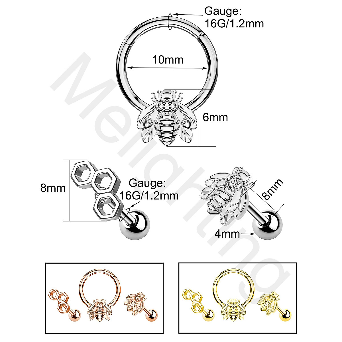 Melighting 3pcs Bee Cartilage Earrings 316L Surgical Steel 16G Septum Jewelry Helix Earrings Honeycomb Tragus Earring Stud for Women Daith Piercing Conch Earring