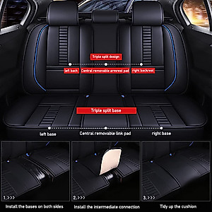 Pengchen Waterproof 5 Car Seat Covers for Nissan Rogue 2008-2025, Premium Faux Leather Automotive Front and Back Seat Protectors Compatible with Airbag Black & Blue Line