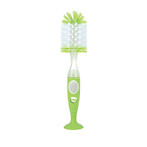 Nuby Easy Clean Dispensing Soft and Durable Bristle Bottle Brush with Textured Handles and Suction Base, 2 in 1 System, Green