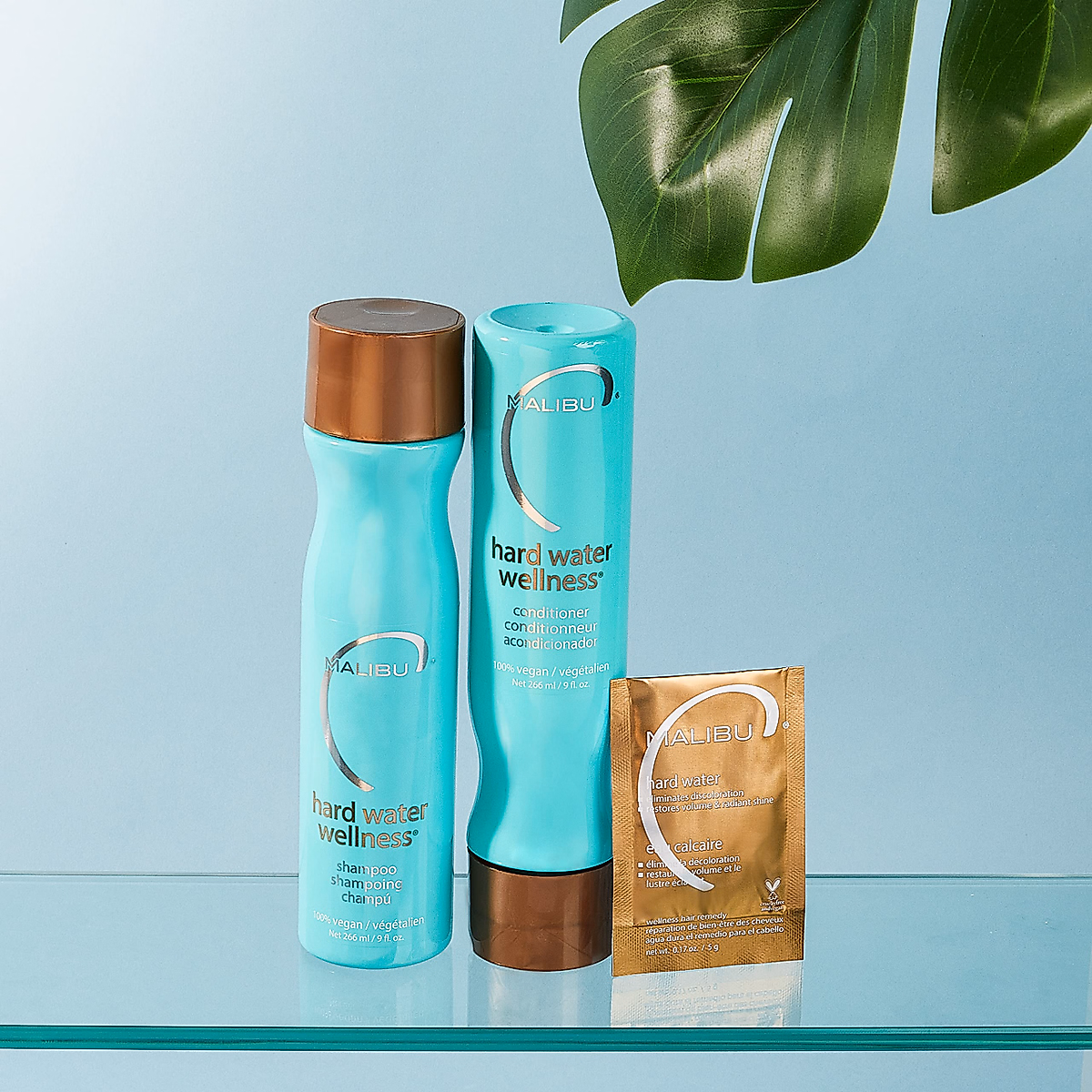 Malibu C Hard Water Wellness Collection - Hard Water Shampoo and Conditioner + Hard Water Mask Packets - Removes Hard Water Deposits & Impurities from Hair - Hydrating Hair Care (6 Ct)