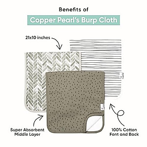 Copper Pearl Premium Baby Burp Cloths - 3-Pack Large Cotton Burp Cloths, Extra Soft Spit Up Rags with 3 Absorbent Layers, Perfect for Baby Boy and Baby Girl Gifts (21" x 10" Size, Zara Set)