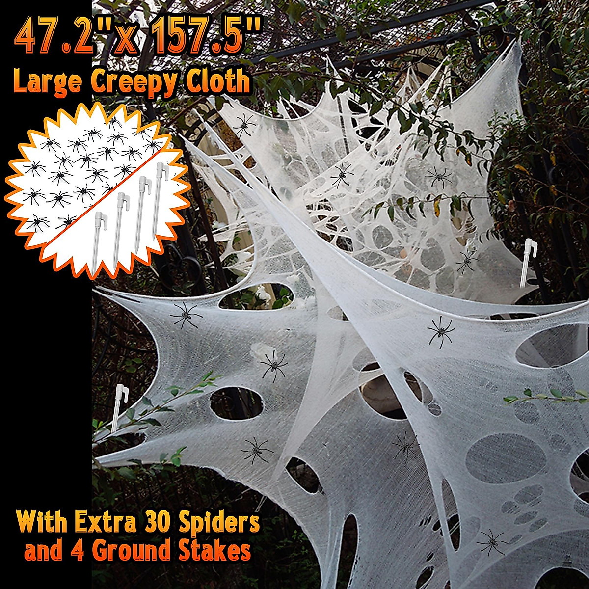 47.5 x 157.5In Spider Webs Halloween Decorations, 400Sqft Giant Stretchy Beef Netting Cut-Your-Own Spider Webbing Bulk with Fake Cobweb Spider, Landscape Stake for Garden Home Outdoor Halloween Décor