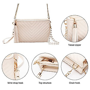 Hupifaz Quilted Crossbody Bag - Double Pouch Clutch Purses for Women, Formal Evening Clutch, Large Wristlet Bag with Pearls (Beige)