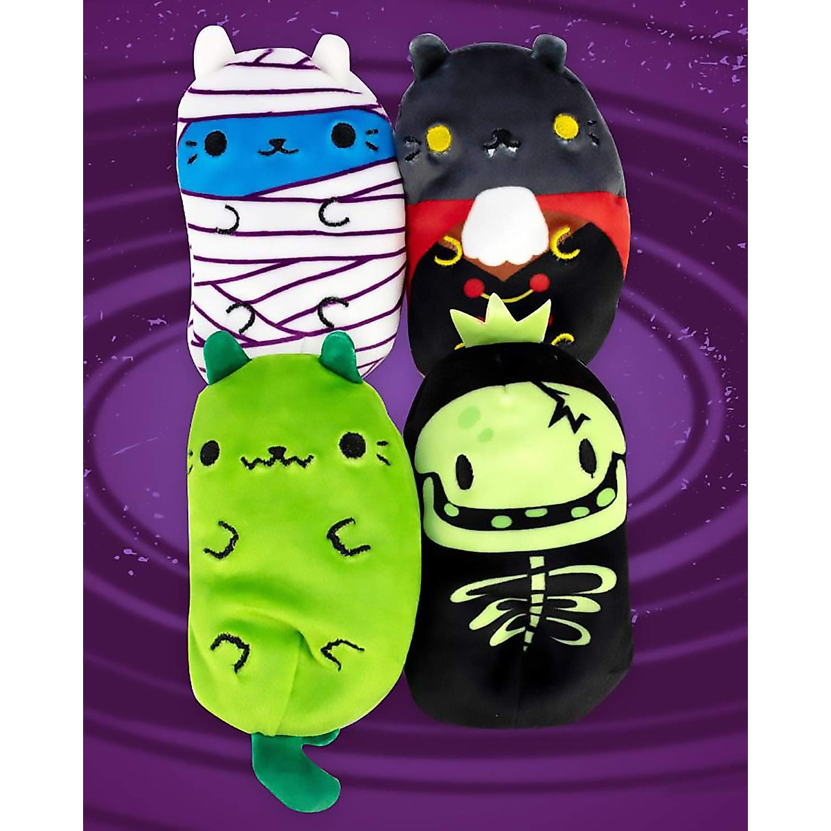 Cats vs Pickles - Scary Collection #2 - Catzilla, Count Catula, Coder Cat, & Skully - 4-Pack - 4" Cute Cuddly Collectible Bean Plush Toy - are You Team Cat or Team Pickle? Collect Them All!