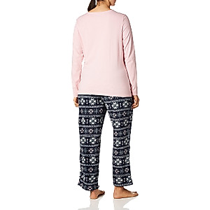 Fruit of the Loom Women's Sueded Jersey Crew Top and Fleece Pant Sleep Set, Soft Pink/Fairisle, Large