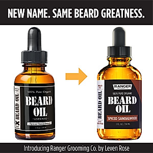 Spiced Sandalwood Beard Oil & Leave In Conditioner by Ranger Grooming Co by Leven Rose, 100% Pure Natural Organic for Groomed Beards, Mustaches, and Moisturized Skin 1 oz