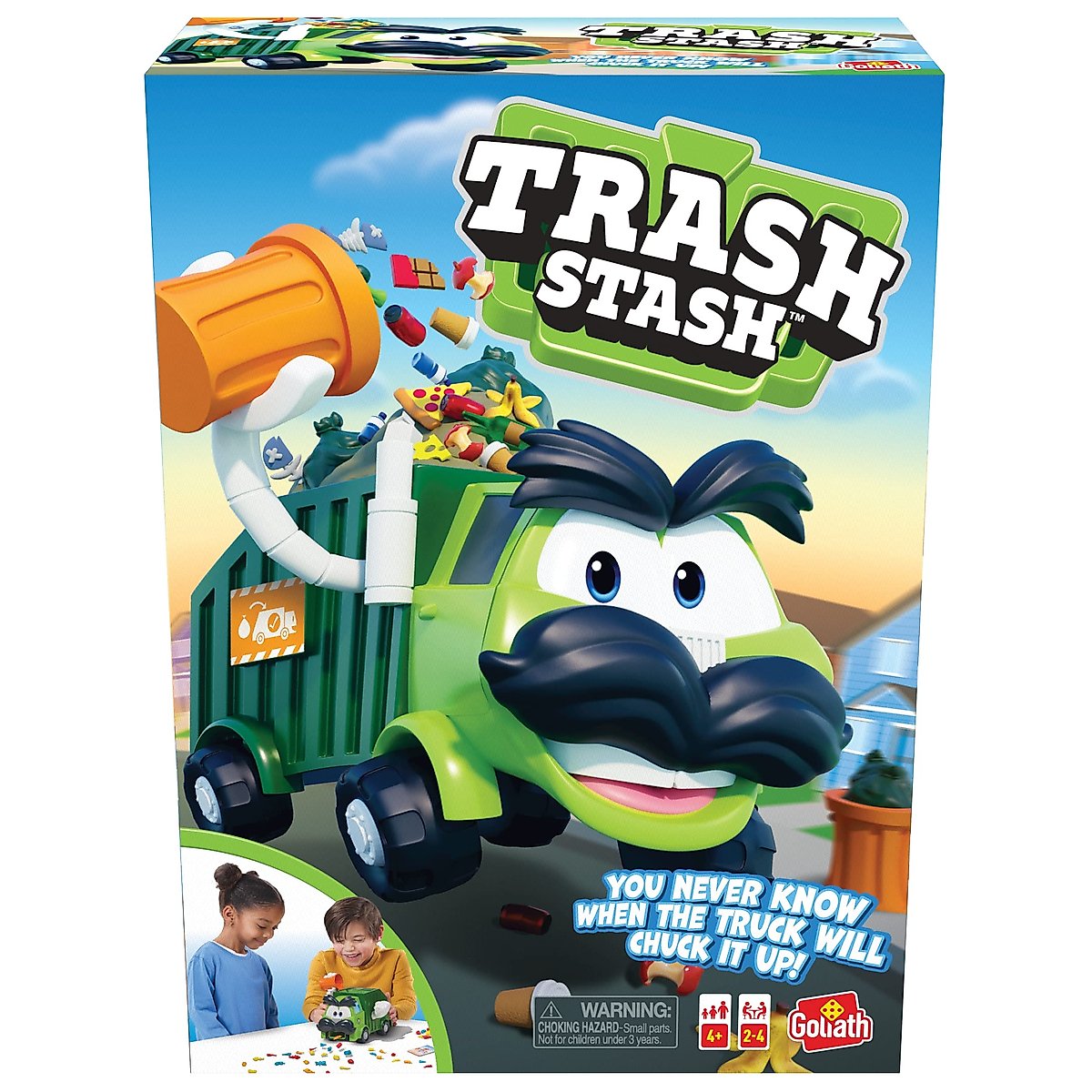 Goliath Trash Stash Game - Fill Trashcan, Watch It Dump Into Garbage Truck Or Truck Chucks It Up - No Reading Required, Ages 4 and Up, 2-4 Players , Green
