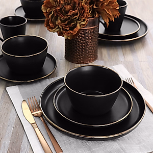 Elama Paul 16 Piece Stoneware Dinnerware Set in Matt Black with Gold Rim, Matte Black, 16 Piece Set (Arthur Paul Louis Set)