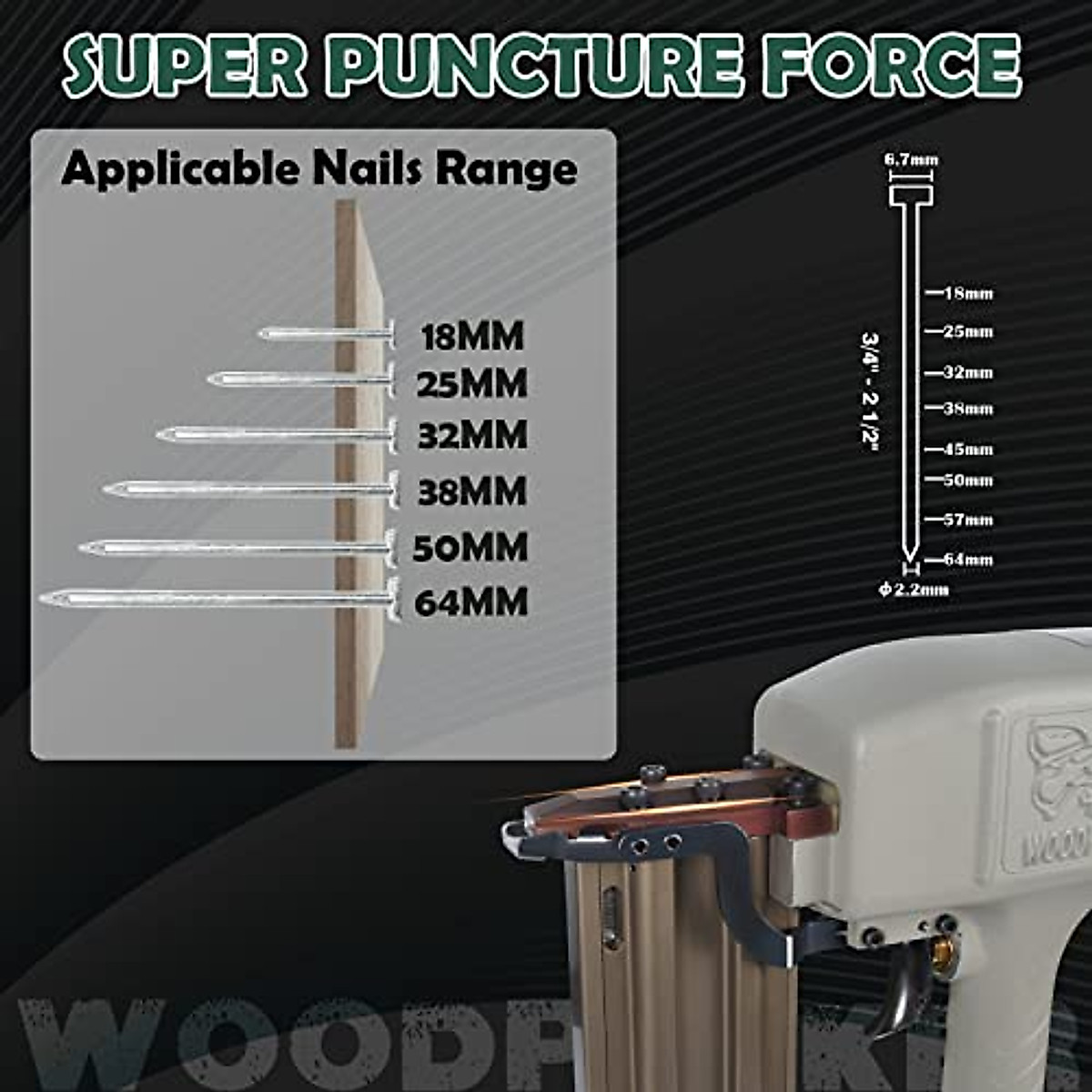 Woodpecker ST64 14 Gauge 3/4" to 2-1/2" Pneumatic Concrete T Nailer Gun with 400pcs Concrete T Nails, Air Power Heavy Duty Concrete Nail Gun Brad Nailer Finish Nailer for Woodworking