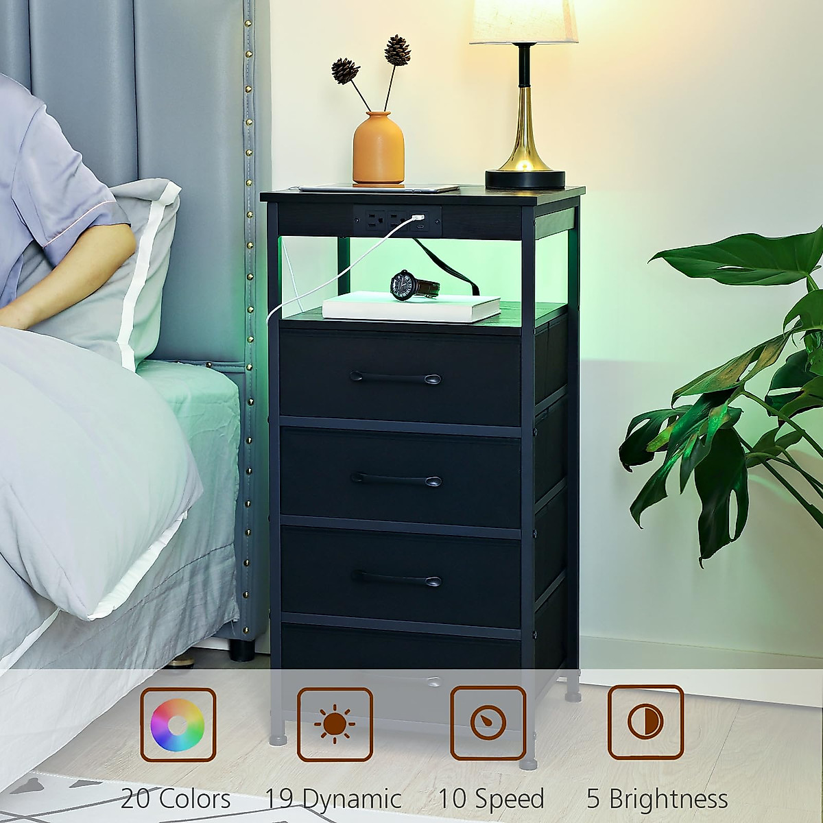 LOAKEKEL Night Stand Set 2, Tall Nightstand with Charging Station, LED End Tables with USB C Ports and 2 Outlets, Bedside Table with 4 Fabric Drawers, Dresser for Bedroom, Black, HNS024BK