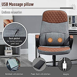 Vinsetto High Back Office Chair with 2-Point Lumbar Massage, USB Power, Faux Leather, and Linen Fabric, Brown and Grey
