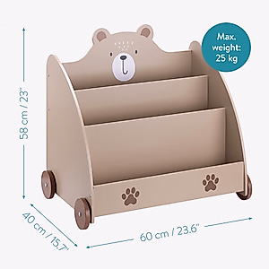Navaris Kids Bookcase - Childrens Bookshelf with Wheels and 3 Book Storage Shelves - Childs Bookshelves for Bedroom or Play Room - Brown Bear Design