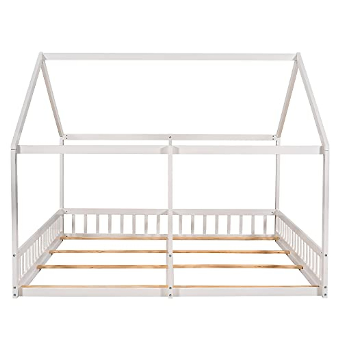 Harper & Bright Designs Kids House Bed Frame with 2 Twin Platform Beds,Wooden Double Twin Beds with Triangular Roof,Montessori Floor Bed Twin with Rails for Girls or Boys, No Box Spring Needed,White