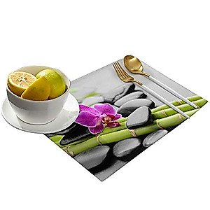 Placemats for Dining Table Set of 6, Zen Basalt Stone Orchid Flower and Cotton Linen Cloth for Square/Rectangle/Round Table Mat Placemat Kitchen Dinner Holiday Dﾃｩcor