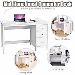 Tangkula White Desk with Drawers, Modern Home Office Computer Desk with Storage Drawers & Spacious Desktop, Compact Writing Study Desk Laptop Desk for Bedroom, Multipurpose Workstation