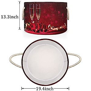 Valentine's Day Wine Rose Large Round Baskets for Storage Laundry Baskets with Handles Blanket Storage Basket for Bathroom Shelves Bins for Organizing Nursery Hamper Girl Boy