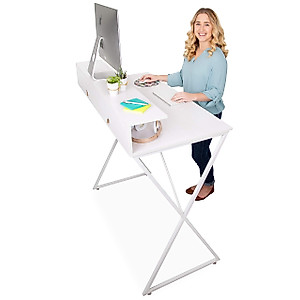 Stand Steady Joy Standing Desk | Pretty Standing Desk with Shelf & Built-in Storage Cubbies | Modern Stand Up Workstation | Tall Desk & Reception Table for Home, Dorm & Office (White / 48in x 42in)