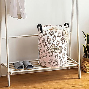 Pink Rose Leopard Print Personalized Foldable Freestanding Laundry Basket Clothes Hamper with Handle, Custom Collapsible Storage Bin for Toys Bathroom Laundry