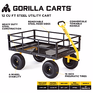 Gorilla Carts GOR1400-COM Heavy-Duty Steel Utility Cart with Removable Sides and 15" Tires, 1400-lbs. Capacity, Black & TR Industrial Forestry Safety Helmet and Hearing Protection System, Yellow