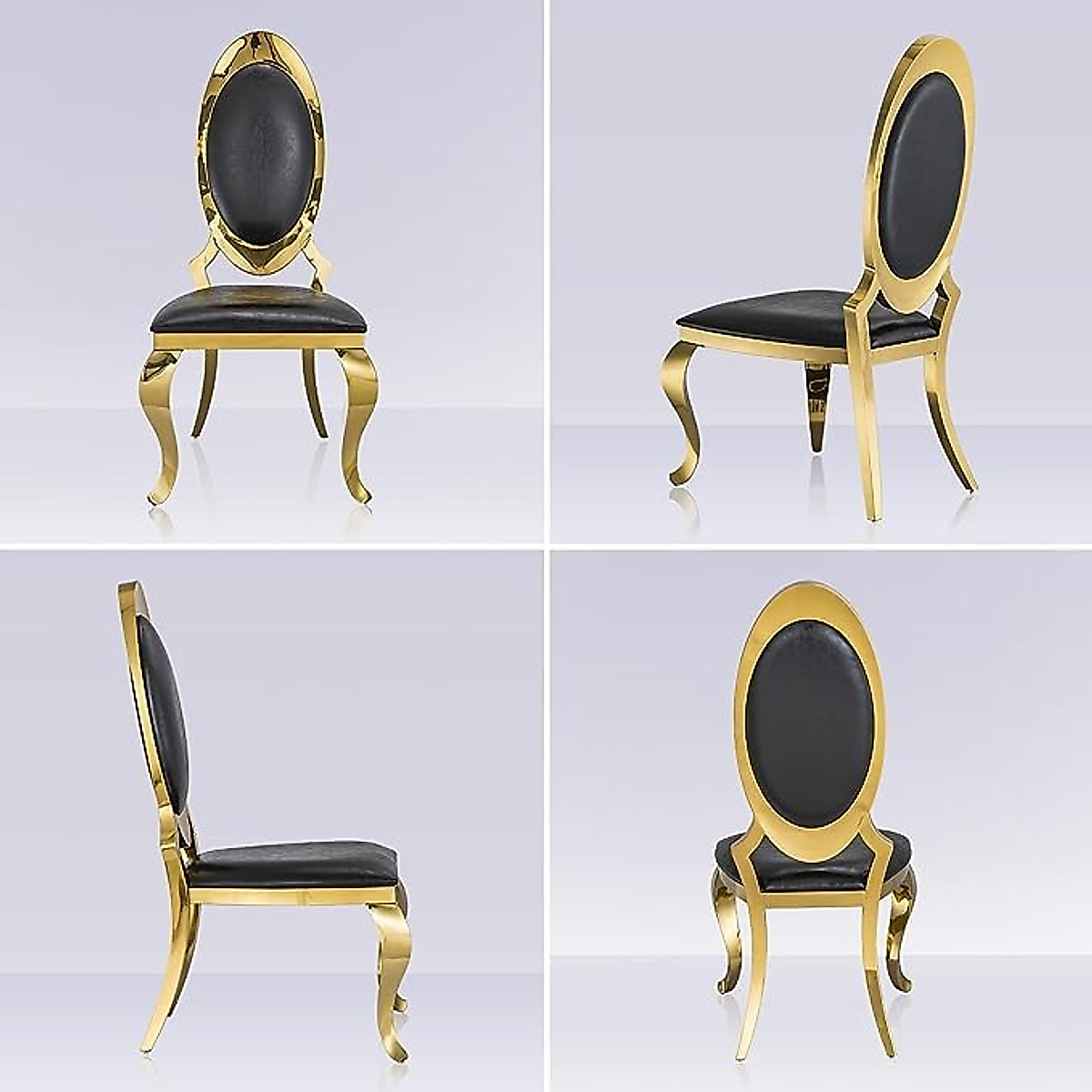 Asday Classic King Louis Black Faux Leather Upholstered Dining Chairs, Luxurious Dining Chairs with Polished Gold Oval Back and Mid-Century Modern Legs (Set of 12)