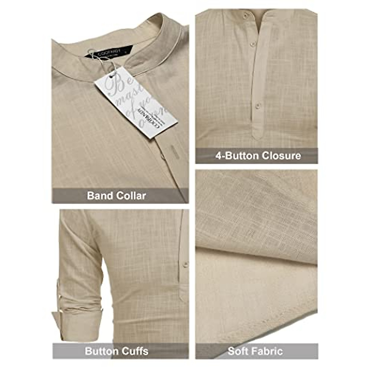 COOFANDY Mens Cotton Linen Henley Hippie Casual Beach T Shirt, Khaki, Medium, Long Sleeve