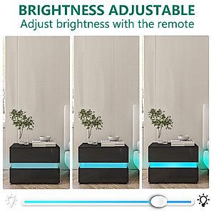 HOMMPA LED Nightstand with 2 Drawers Modern Black Bedside Table Nightstand with Storage Cabinet High Gloss Night Table with 16 Colors LED End Table Smart Nightstand for Bedroom Furniture