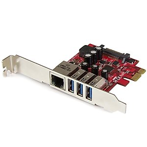 StarTech.com 3 Port PCI Express USB 3.0 Card + Gigabit Ethernet - Fits Standard & Low-Profile PCs - UASP Supported - 5Gbps - Optional SATA Power , TAA (PEXUSB3S3GE)