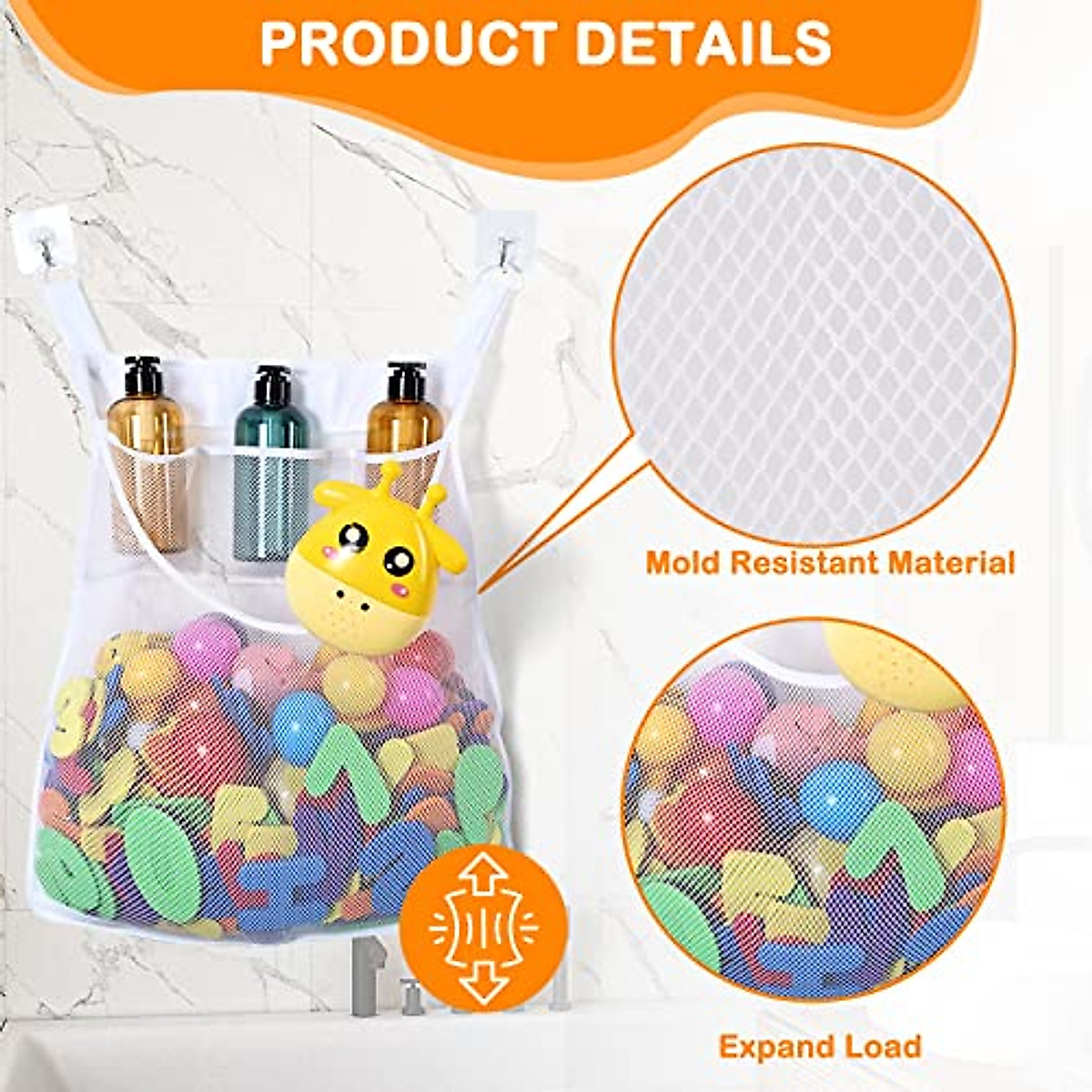 Baby Bathtub Toy Storage Mesh Bath Toy Organizer with Zipper Extra Large Opening Three Pocket with 4 Self-Adhesive Hooks and 4 D-Rings,Multi-Use Home Storage Bag Christmas Storage(1 Large, White)