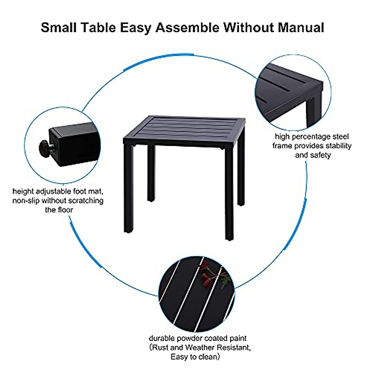 PHI VILLA Indoor Outdoor Small Metal Square Side/End Table, Patio Coffee Bistro Table, Black