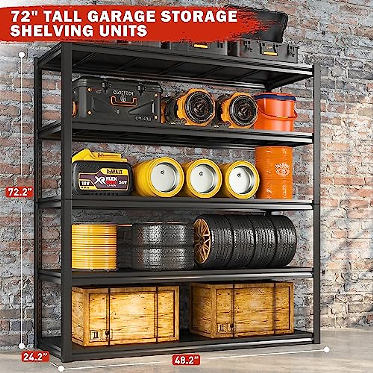 REIBII 48" Wide Garage Shelving Heavy Duty 72"H Garage Storage Shelves 2750LBS Heavy Duty Shelving Adjustable 5 Tier Metal Shelving for Garage Storage Shelving Industrial Shelving Storage Rack, Black