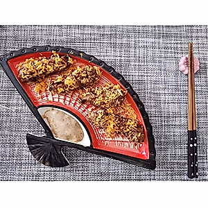 SHIRLEYY1P 12" Sushi Plate Premium Ceramic Sushi Plates Fan Shape Sushi Plate Set with Unibody Sauce Bowl Sashimi Japanese Plate, Dumpling Dish Snack Serving Plate for Home, Party, Eateries, Red.