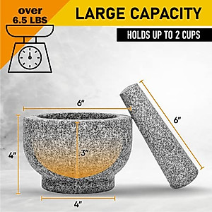 Granite Mortar and Pestle Set - Large 2 Cup Stone Grinder Guacamole Bowl and 6 Inch Pestle - Perfect for Crushing and Grinding Herbs and Spices to Maximize Flavor - Includes Silicone Covers