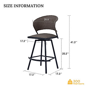 VICLLAX Patio Bar Stool Chairs with Footrests and Padded Seat, Bar Height Swivel Patio Chairs Set of 2, Brown Woven Wicker Swivel Bar Stools for Lawn Garden