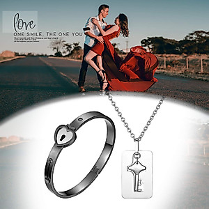 OIDEA His Hers Love Heart Key Lock Macthing Bangle Bracelet Tag Pendat Necklace for Valentines Day Gifts,Silver,Roseold (FBA NON ENGRAVING-Black)