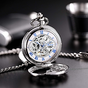 TREEWETO Mens Mechanical Pocket Watch Antique Dream Dragon Skeleton Silver Tone Double Open Case with China & Box Gift for Man Woman