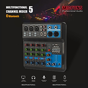 Mini audio DJ mixer Sound Board Console System,5 Channel 48V Phantom Power with Bluetooth USB MP3 Stereo live DJ Studio Streaming for professional recording party KTV stage