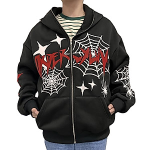 Megecaggfy Womens Men Y2k Full Zip Up Hoodie Vintage Graphic Oversized Sweatshirt Fashion Jacket Streetwear (Black 2, L)