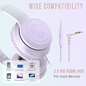 rockpapa L22 On-Ear Headphones with Microphone, Folding Stereo Bass Headphones with 4.9Ft No-Tangle Cord, Portable Wired Headphones for Kids Teens Travel School Smartphone Tablet (Purple)