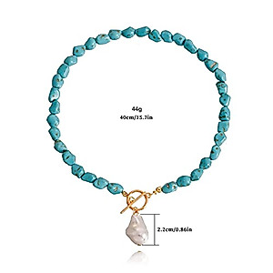 Darren' Irregular Natural Turquoise Necklace 16 Inch,Irregular Pearl Shape Pendant,Single Layered Necklaces for Women,Bohemian Necklace,Handmade Pendant