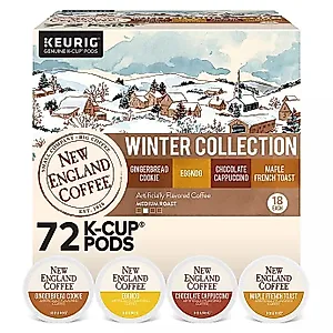 New England Coffee Winter Collection Variety Pack Keurig K-Cup Pods: Flavors Gingerbread Cookie, Eggnog, Maple French Toast and Chocolate Cappuccino, 72-Count