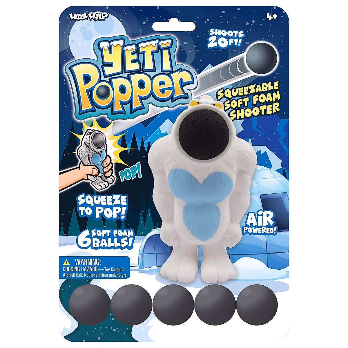 Hog Wild Yeti Ball Popper Toy - Includes 4 Soft Foam Balls - Squeeze to Pop Air Powered Balls Up to 20 Feet - Launcher Safe for Indoor/Outdoor Play - Party Favor Gift for Kids, Girls, Boys Ages 5+