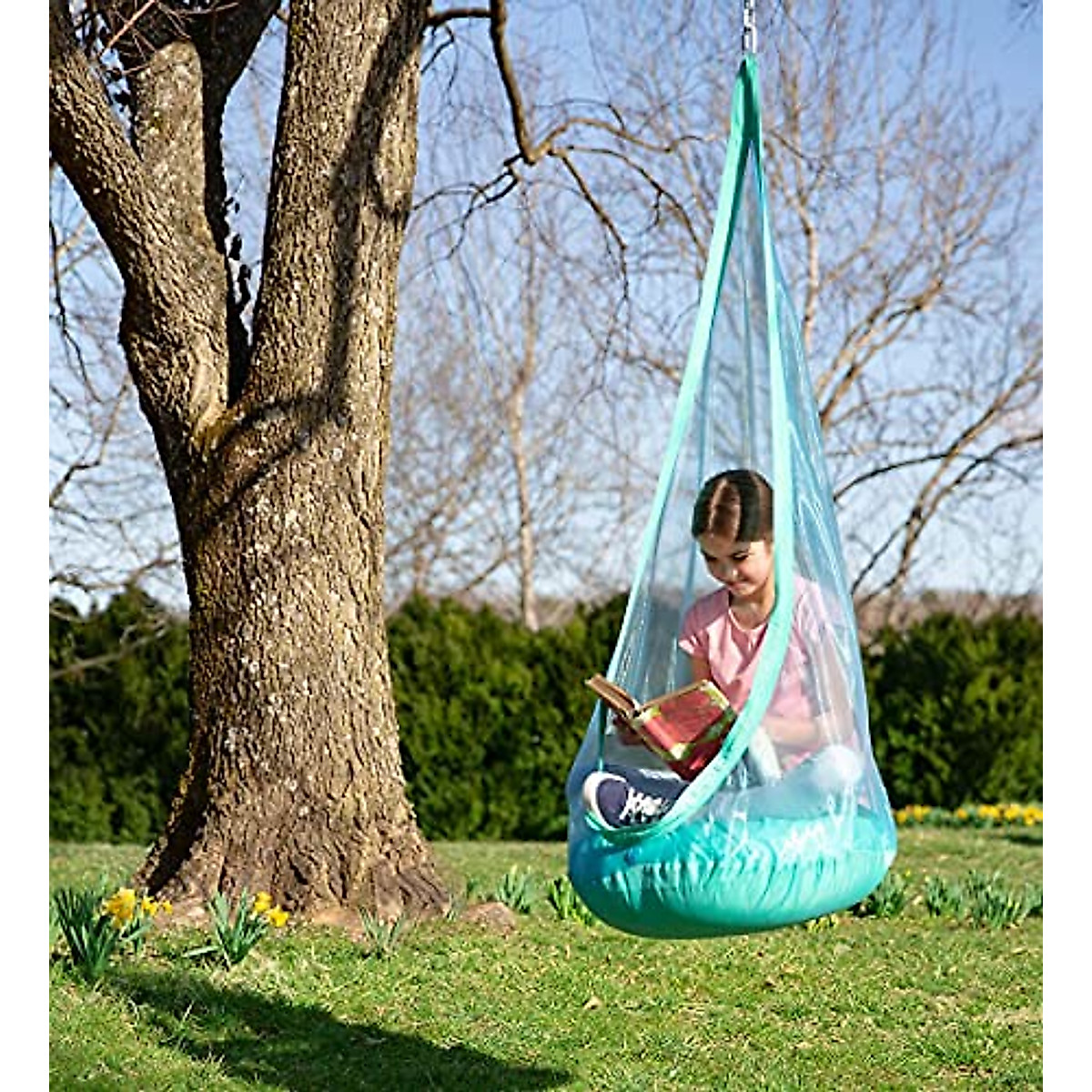 HearthSong HugglePod Lite Mesh Indoor/Outdoor Hanging Chair with Iridescent Breathable Mesh Construction, Inflatable Cushion, and Carabiner, Holds up to 175 lbs.