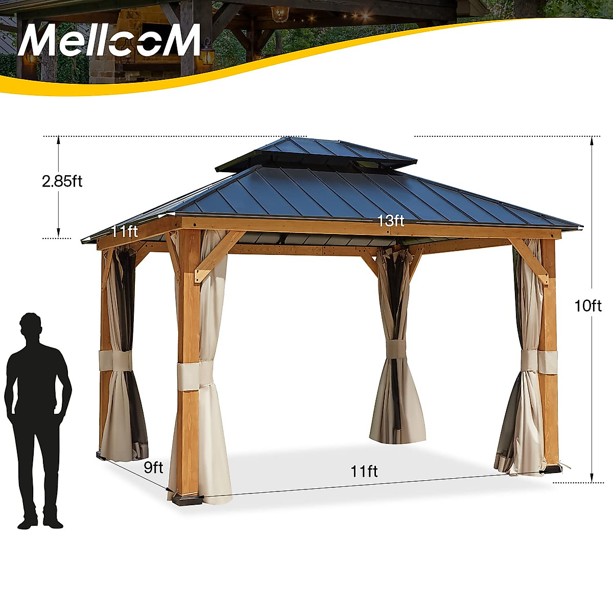 MELLCOM 11'x13' Wood Gazebo, Outdoor Hardtop Cedar Wooden Frame Gazebos with Galvanized Steel Double Roof, Includeds Curtains and Nettings for Patio, Garden and Backyard
