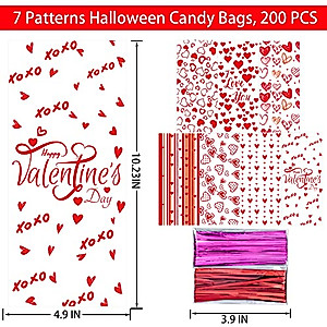 WOONOO 200PCS Valentines Gift Bags Valentine Cellophane Treat Bags for Kids, 7 Designs Valentine Goodies Bags for Treat With Twist Ties for Valentines Party Supplies Cookie Bags